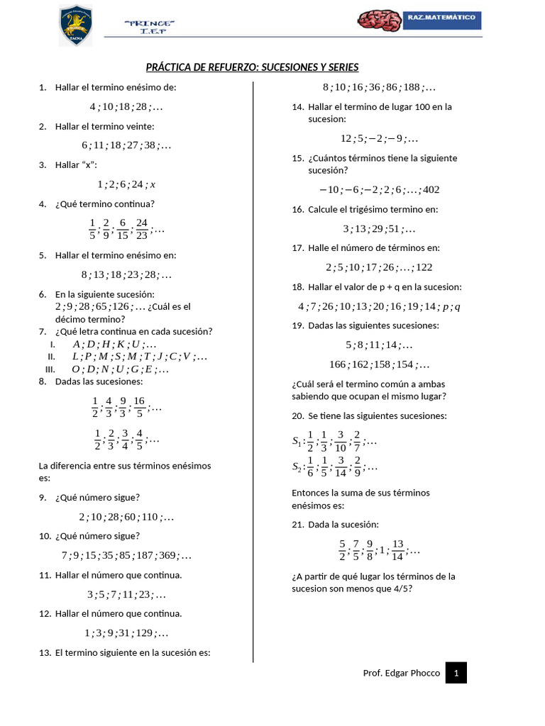 Práctica de Refuerzo RM Sucesiones | PDF