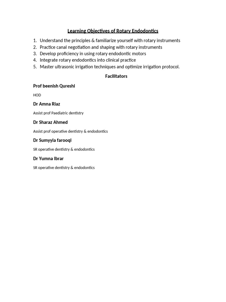 Learning Objectives of Rotary Endodontics | PDF