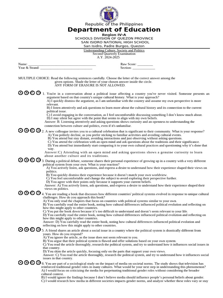 UCSP EXAM WITH ANSWERS | PDF | Gender Studies | Poverty & Homelessness