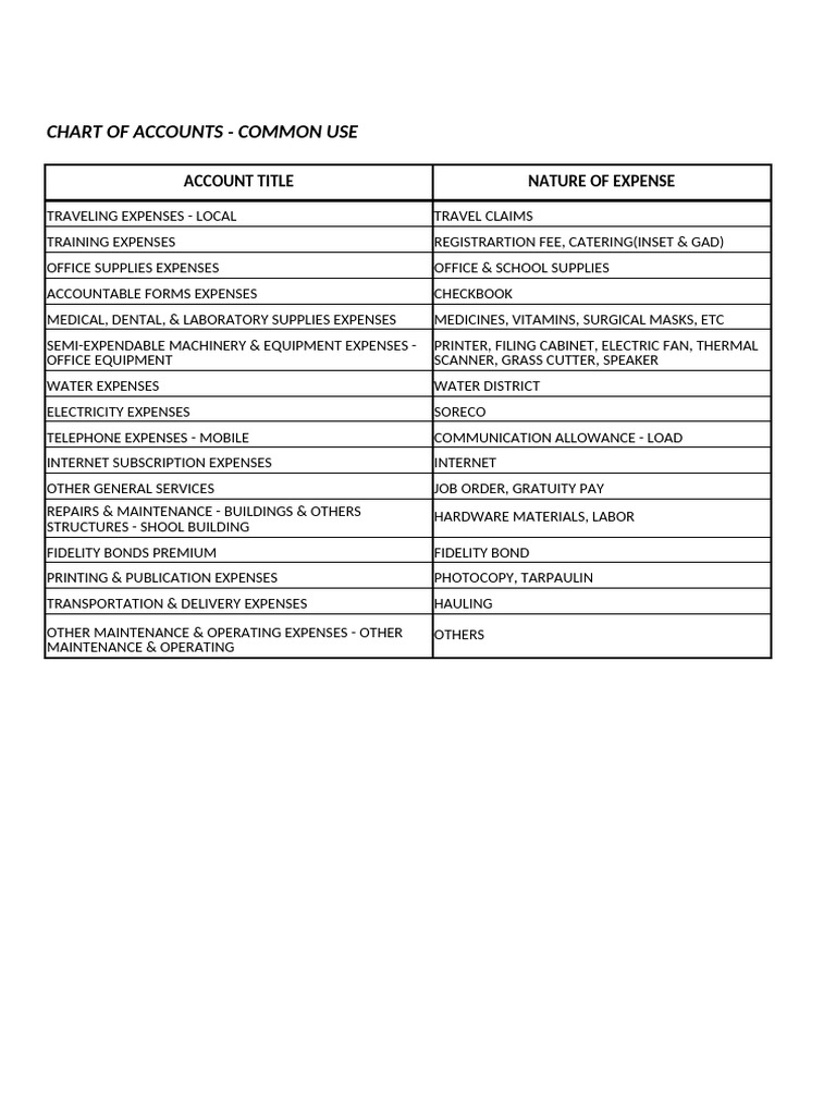 Common Chart of Accounts Overview | PDF