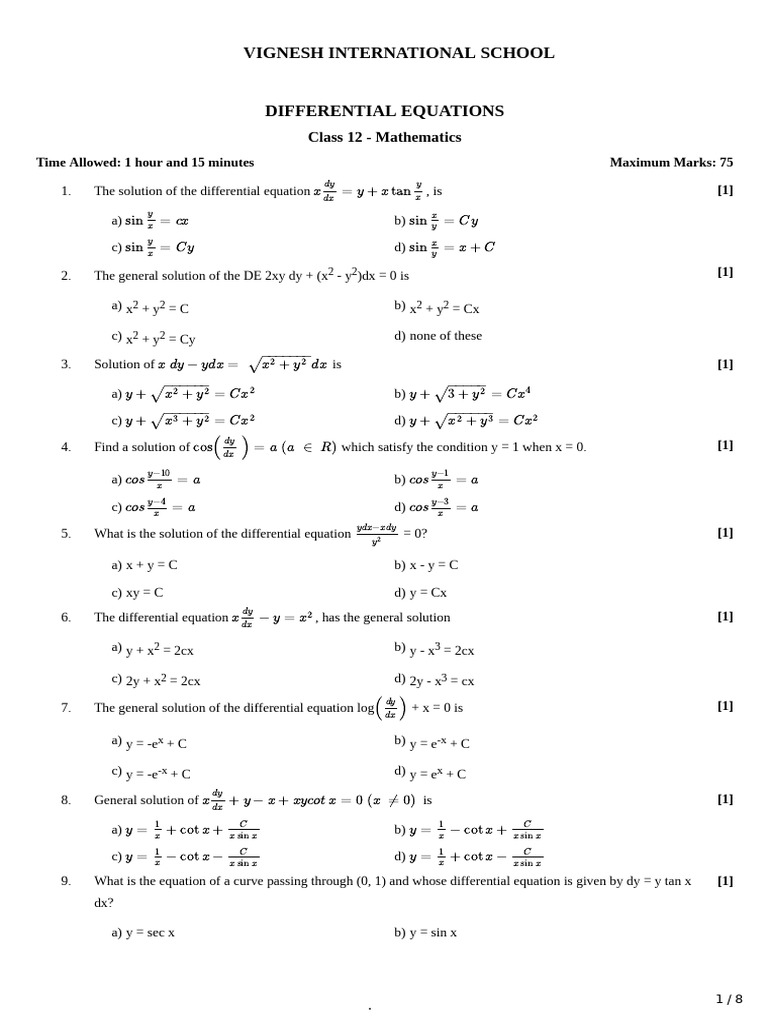 DIFFERENTIAL EQUATIONS MCQ'S | PDF | Mathematical Physics | Teaching Mathematics