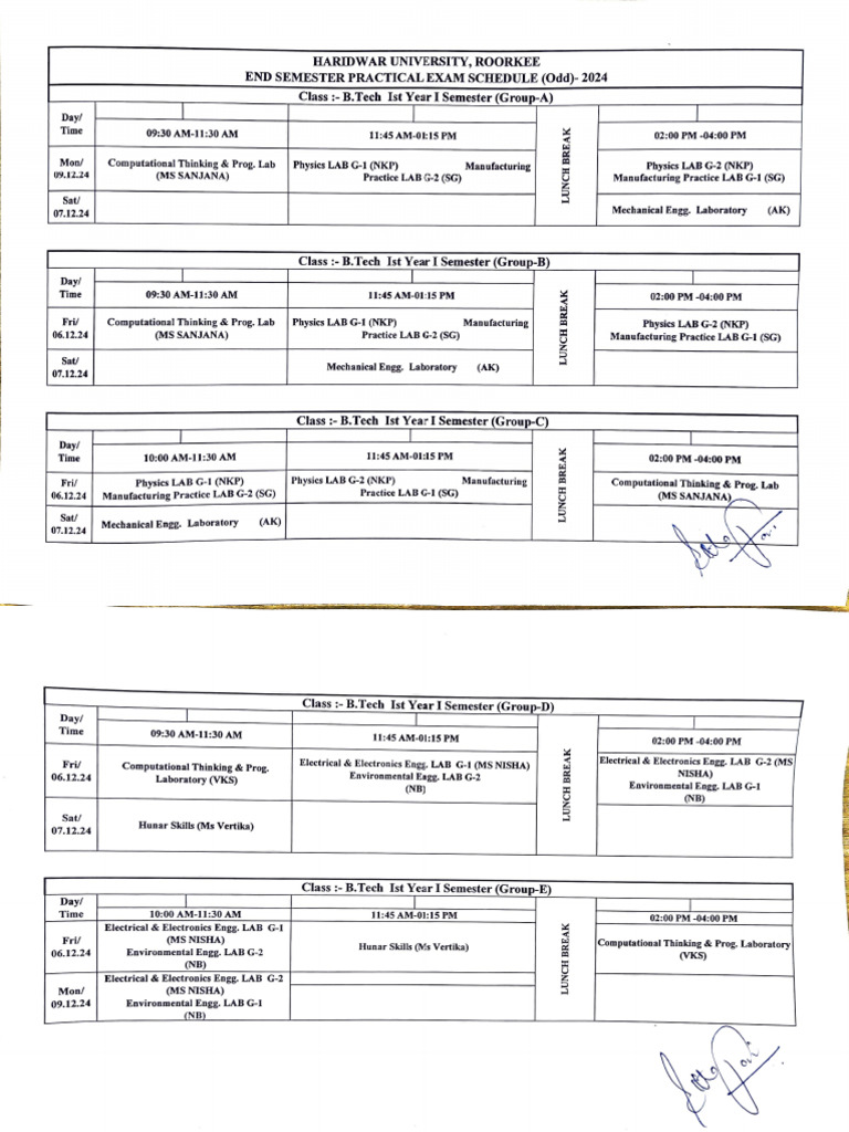 B.Tech 1st Year End Sem Practical Exam Schedule | PDF | Engineering | Physical Sciences