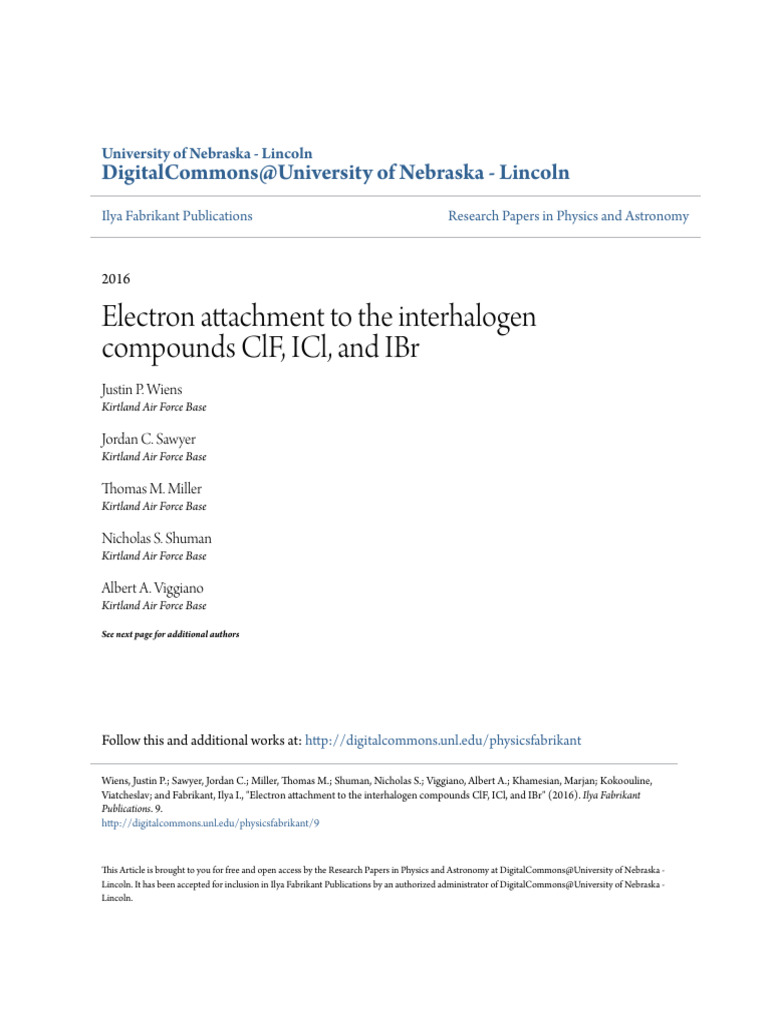 Electron Attachment to the Interhalogen Compounds ClF ICl and I | PDF ...