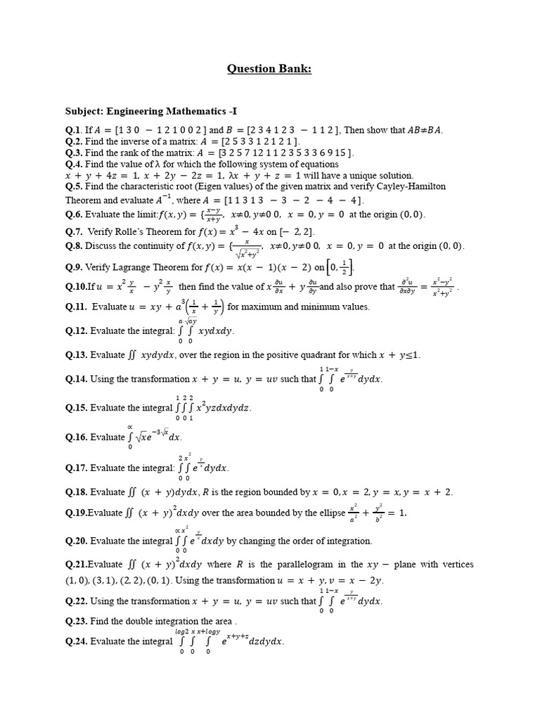 Question Bank Unit -I-II- III- IV-V Eng.maths-i.docx | PDF | Eigenvalues And Eigenvectors ...