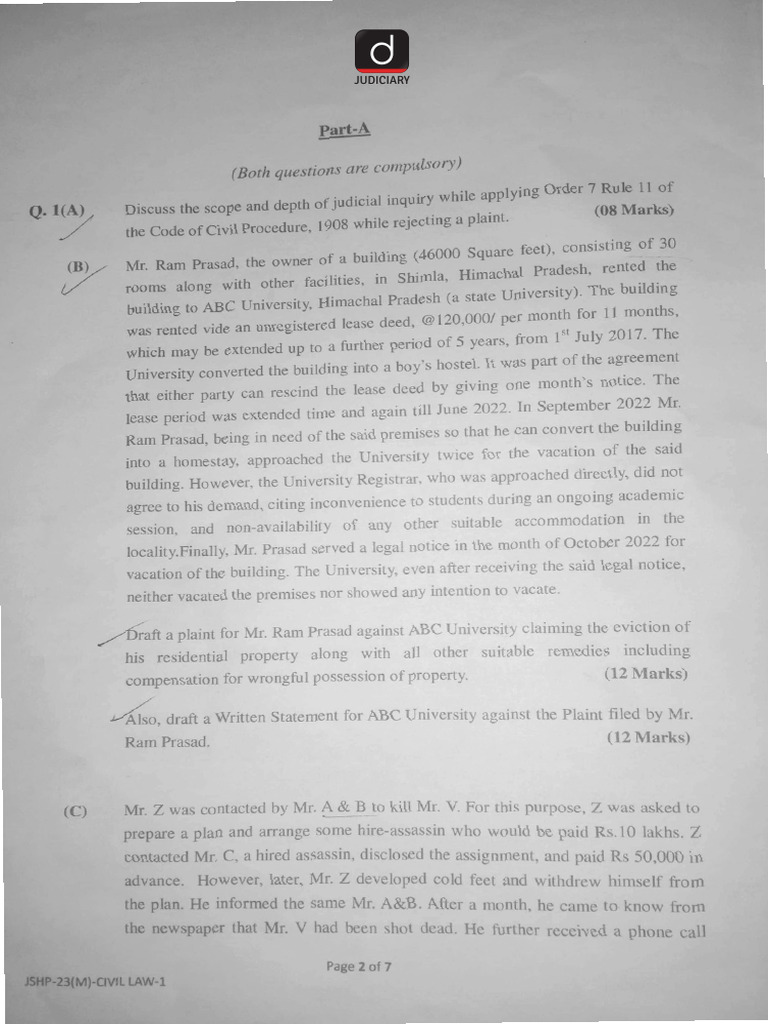 Hpjs Mains 2023 Civil Law 1 | PDF | Criminal Justice | Government Institutions