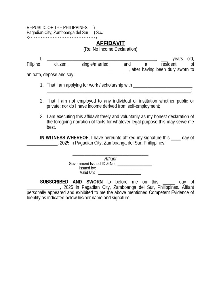 Affidavit of No Income (General) | PDF | Affidavit | Legal Procedure