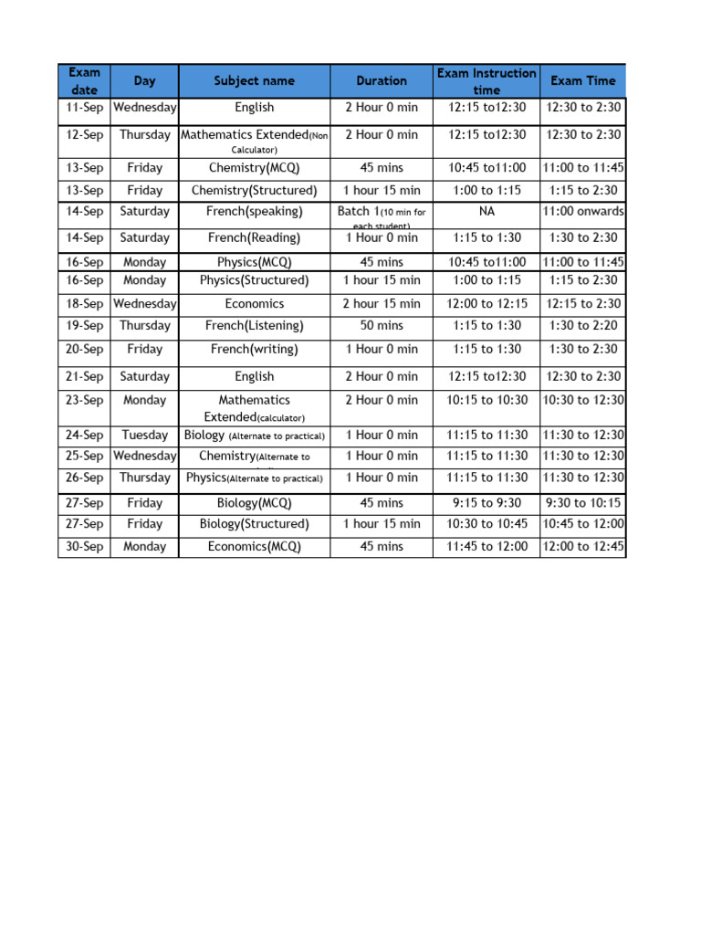 Exam Schedule-Term 1-10IG-New | PDF
