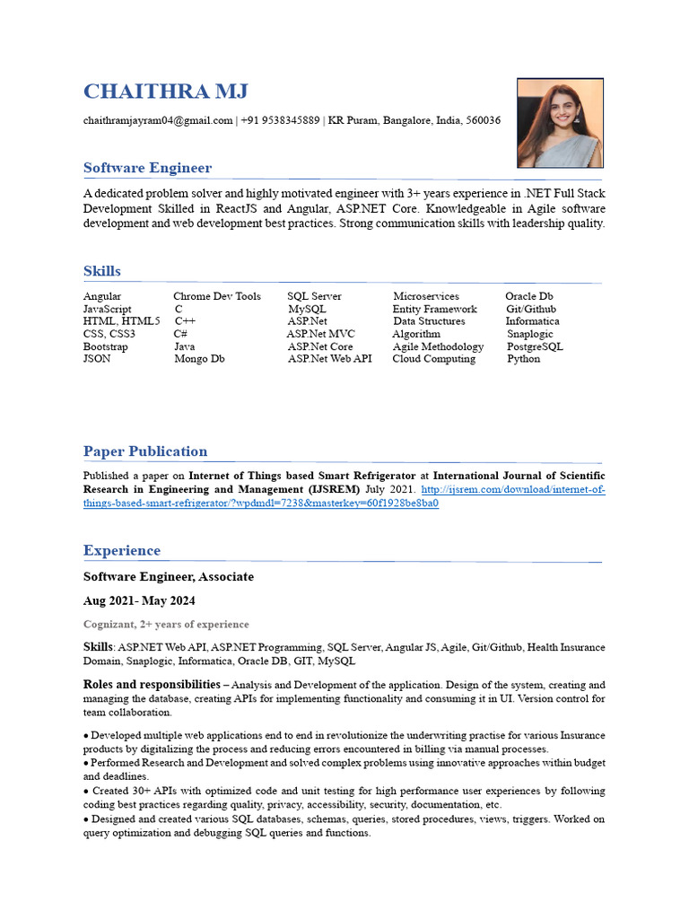 Chaithra MJ 2024 S Resume | PDF | Databases | Sql