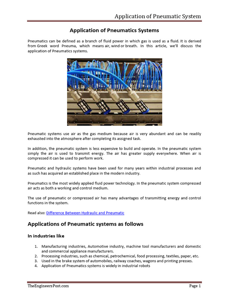 Applications of Pneumatic Systems | PDF | Pneumatics | Pump