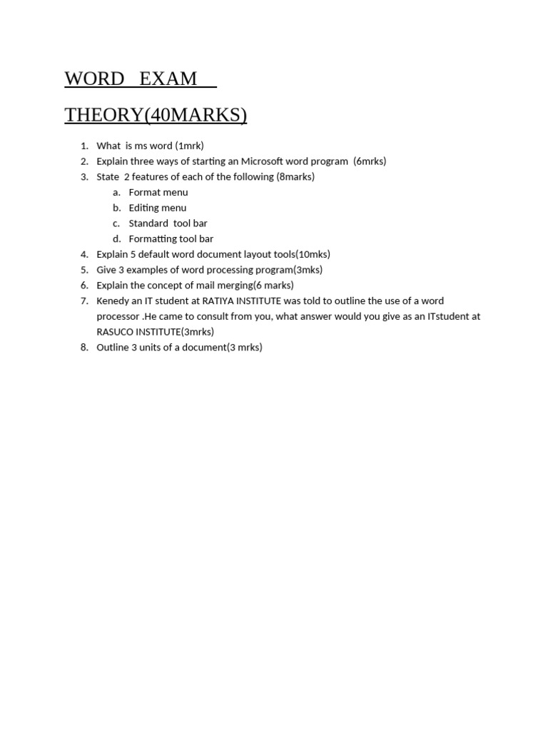 Microsoft Word Exam Theory Questions | PDF