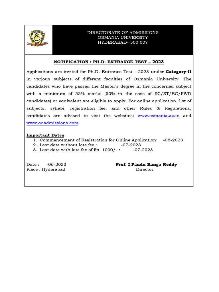 Ph.D. Notification, Brochure 2023 | PDF | Doctor Of Philosophy | Engineering