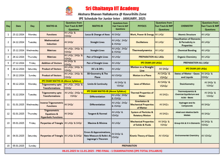JR IPE Jan, 2025 Schedule - Revised | PDF | Trigonometric Functions | Chemistry
