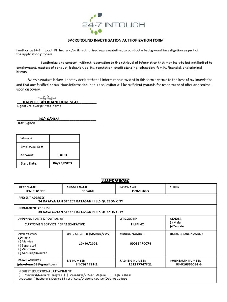 Background Check Form PDF | PDF | Background Check