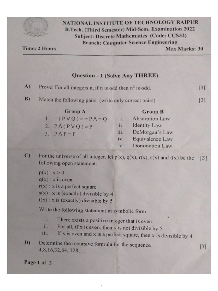 3rd Mid Semester Question Papers | PDF