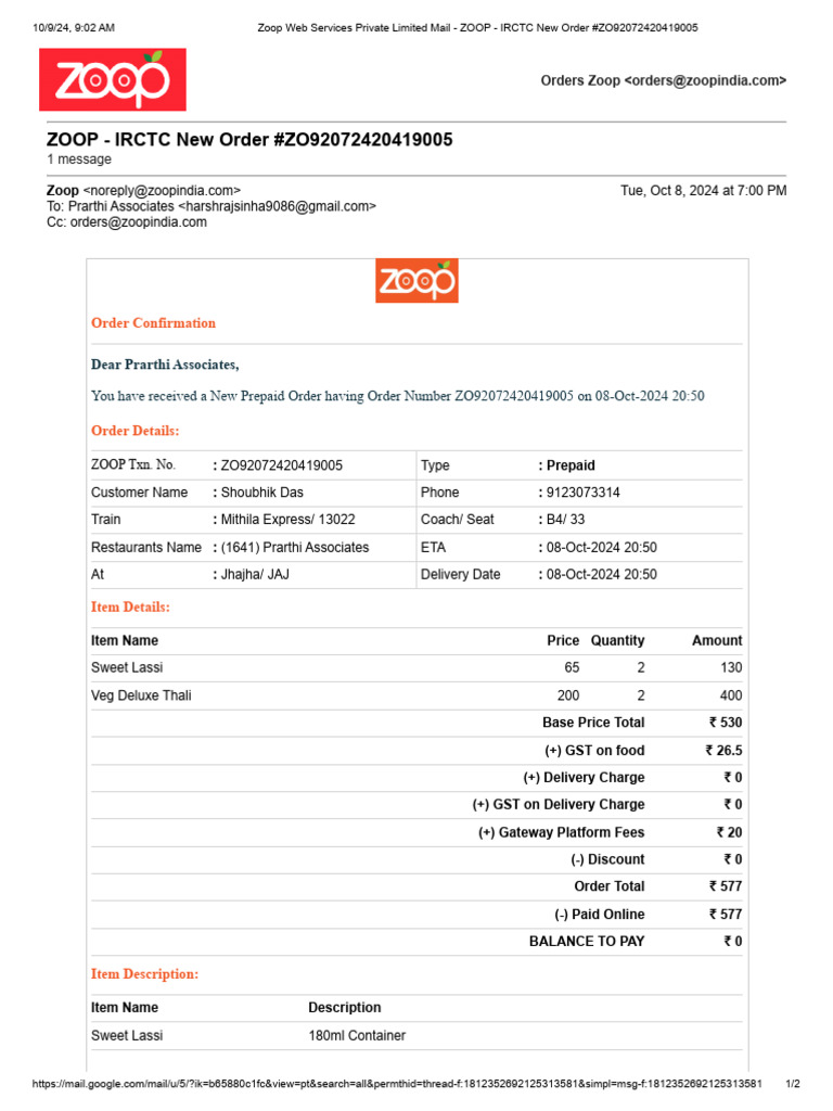 ZOOP - IRCTC New Order ZO92072420419005 | PDF | Indian Cuisine | Foods