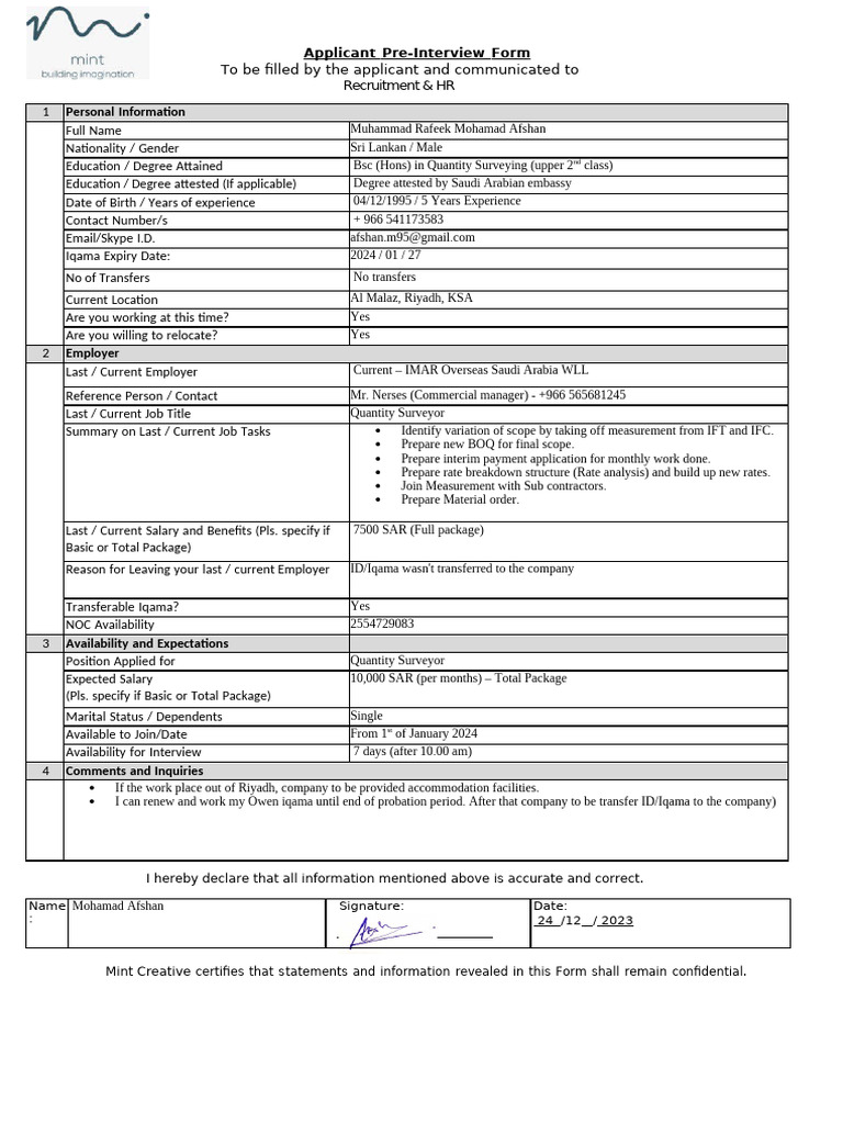 Mint Creative Pre-Interview Form | PDF