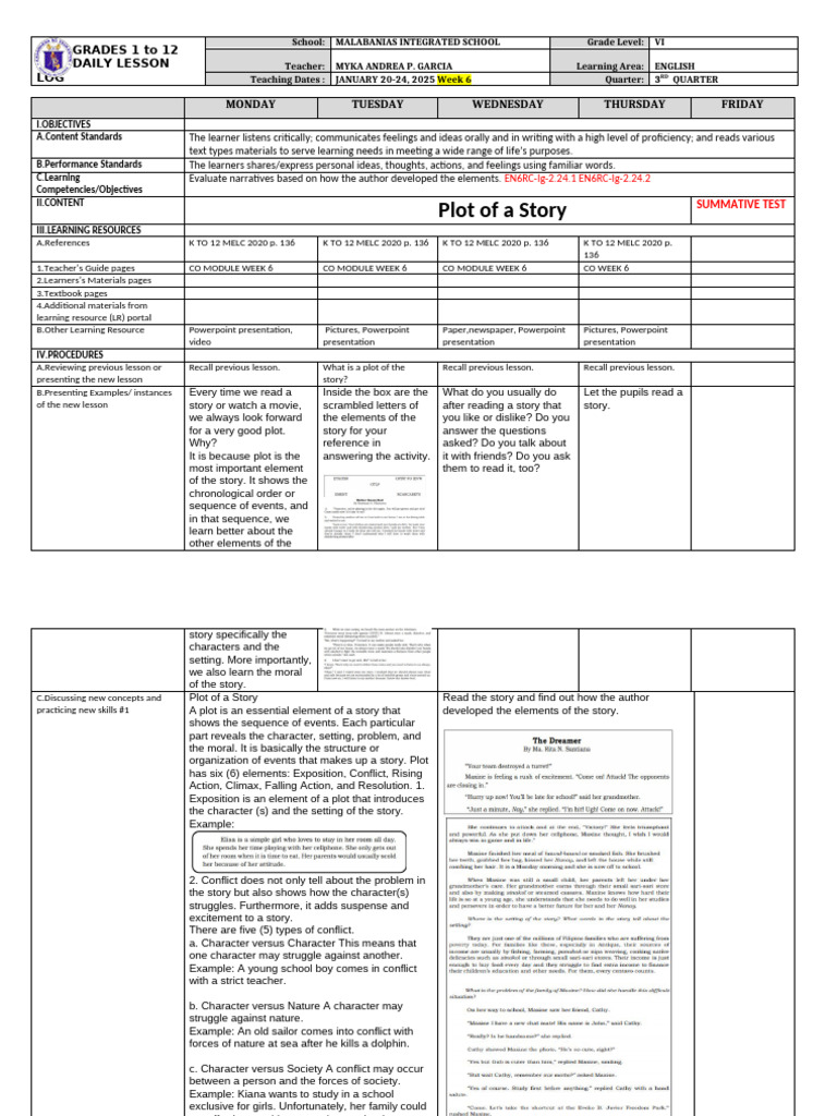 DLL_ENGLISH 6_Q3_W6 | PDF | Plot (Narrative)