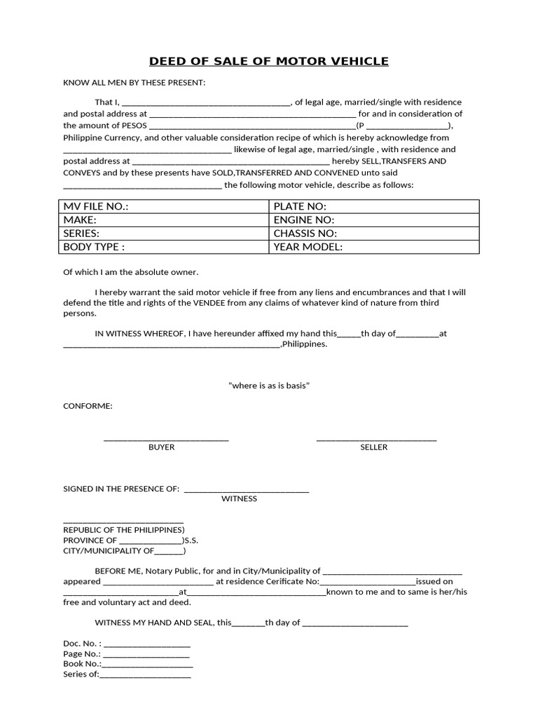 Deed of Sale of Motor Vehicle New 2022 Updated | PDF