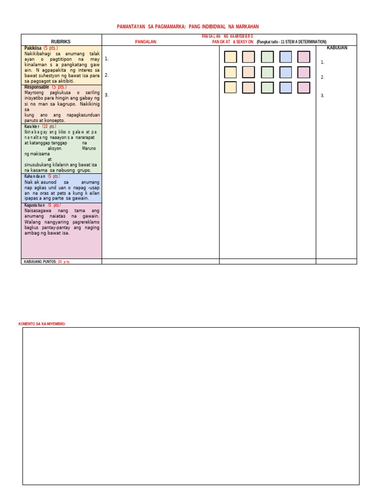 ISKOR SHEET-Indibidwal Na Pagmamarka | PDF