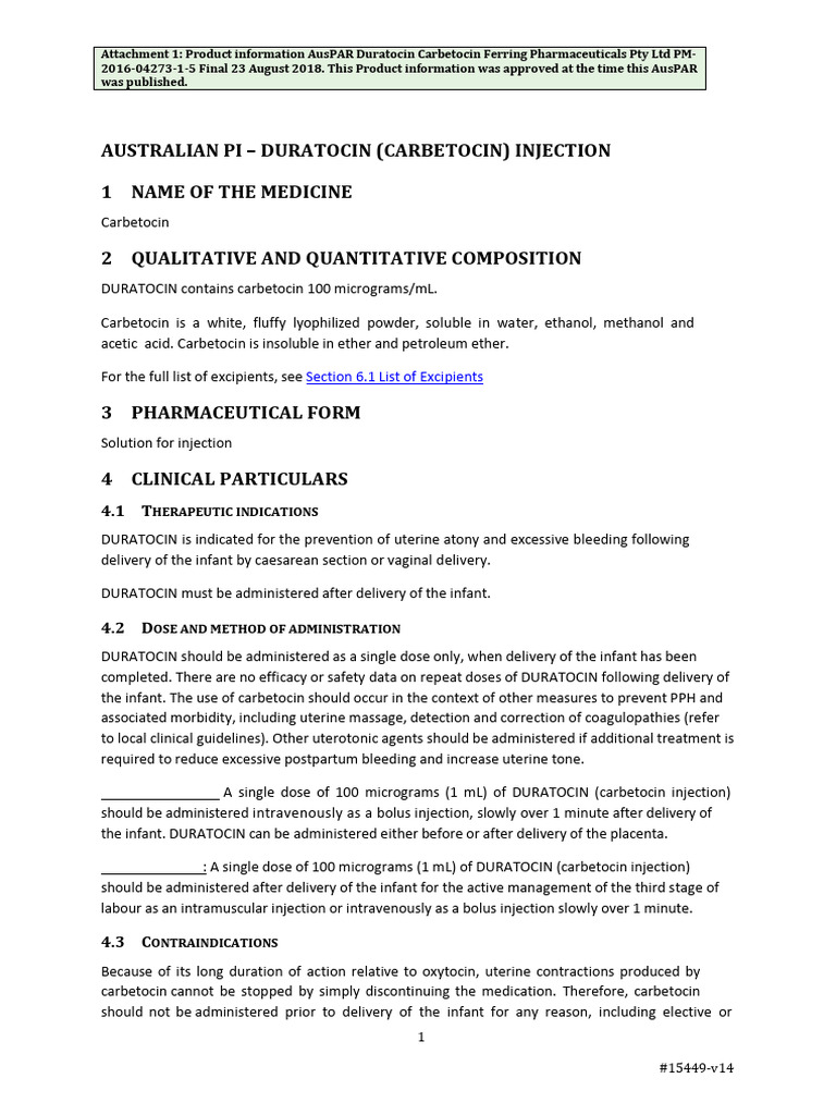 Australian Pi Duratocin Injection | PDF | Childbirth | Medical Specialties