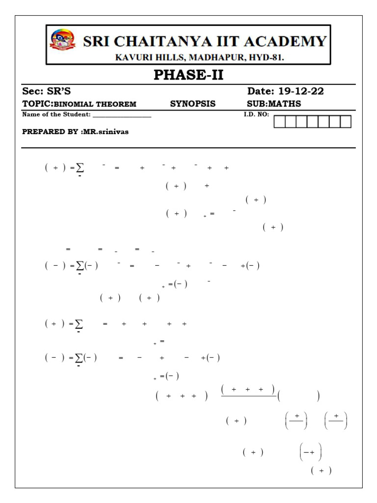 SYNOPSIS Binomial-Theorem 19.12.22 | PDF | Abstract Algebra | Numbers