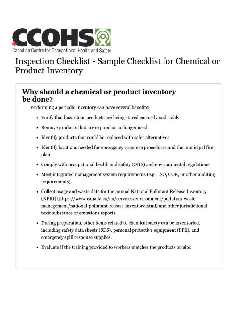 Sample Checklist For Chemical or Product Inventory | PDF