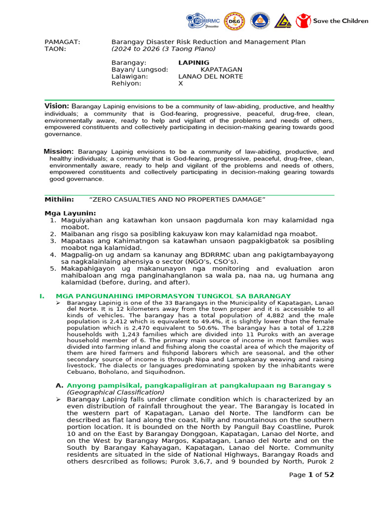 Barangay Lapinig Disaster Plan 2024-2026 | PDF | Coast