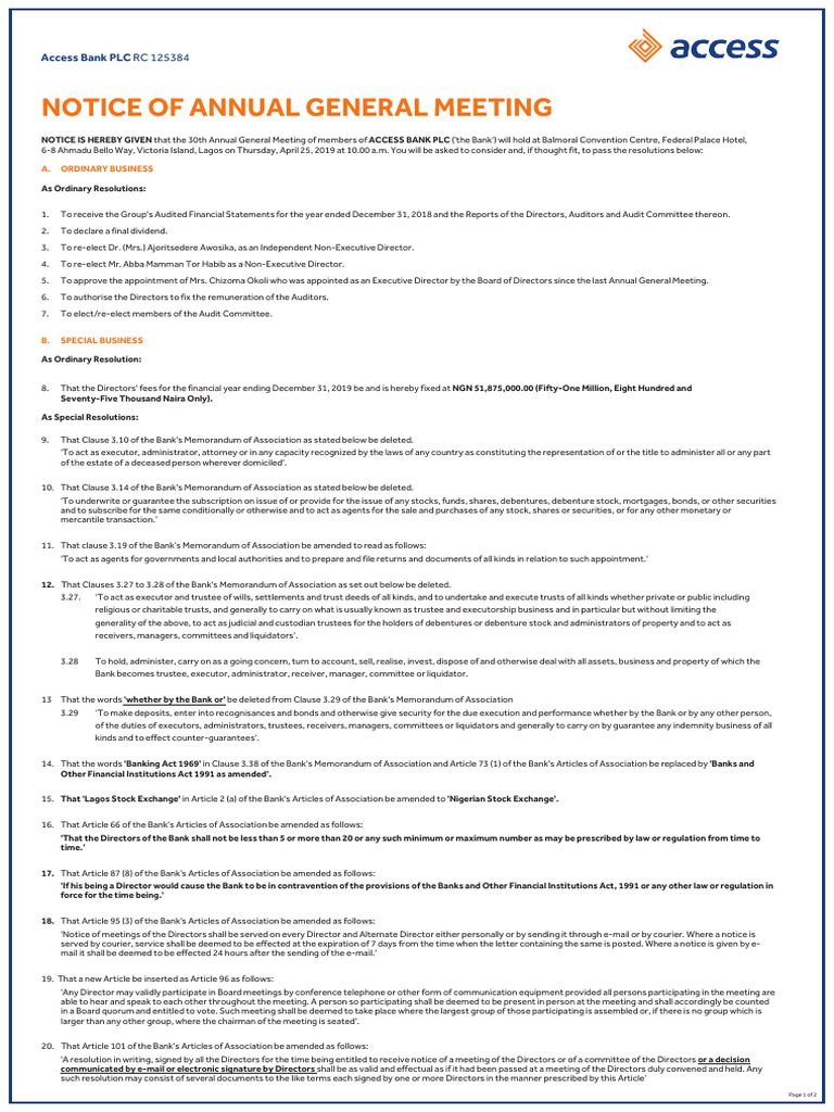 Access Bank Notice-of-Annual-General-Meeting | PDF | Dividend | Proxy Voting