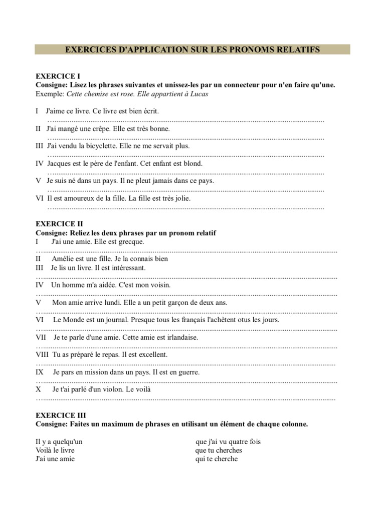 Exercices Pronoms Relatifs | PDF | Linguistique | Syntaxe