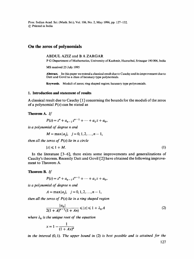 1996, On The Zeros of Polynomial, Proc. Ind. Acad | PDF | Zero Of A ...