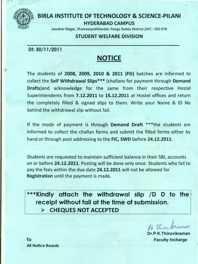 Self Withdrawal Slip Collection Notice | PDF