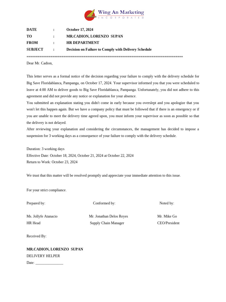 Delivery Schedule Compliance Notice | PDF