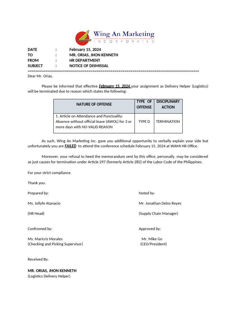 Notice of Dismissal for AWOL | PDF