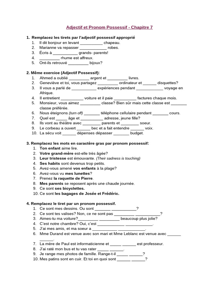 Exercices sur les Adjectifs et Pronoms Possessifs | PDF
