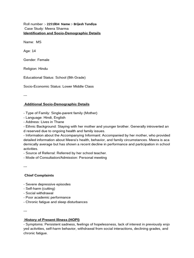 Case Study_ Meera Sharma | PDF | Mental Health | Self Harm