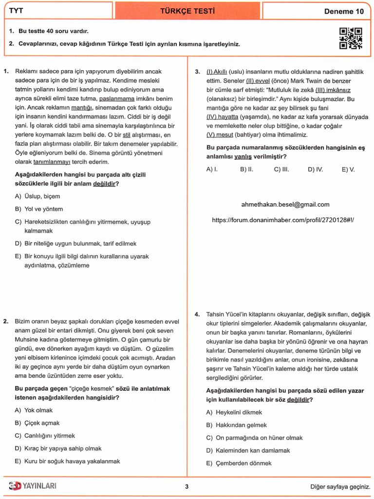 ZM 3d 10 Tyt Trke Deneme 10 - Compress | PDF