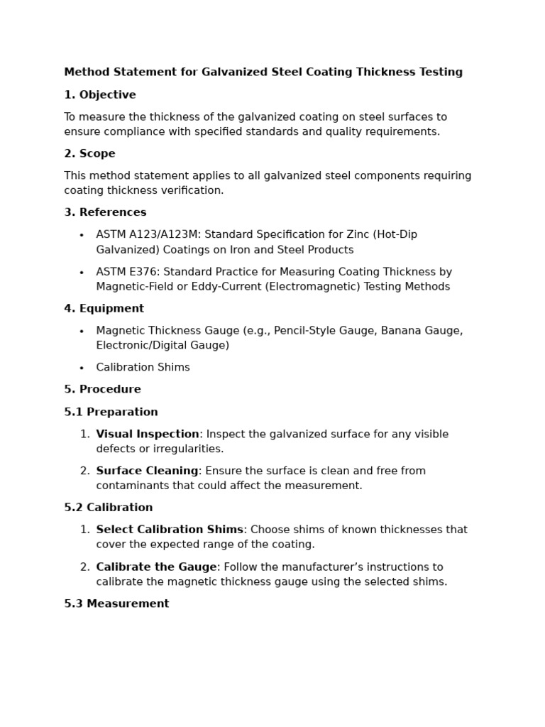 Method Statement For Galvanized Steel Coating Thickness Testing | PDF ...