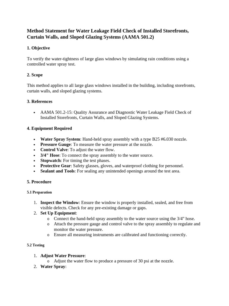Method Statement For Water Leakage Field Check of Installed Storefronts ...