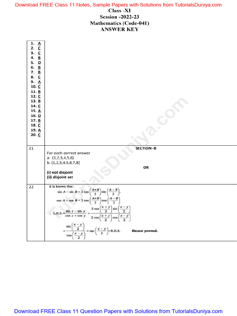 Free Class 11 Maths Papers & Solutions | PDF
