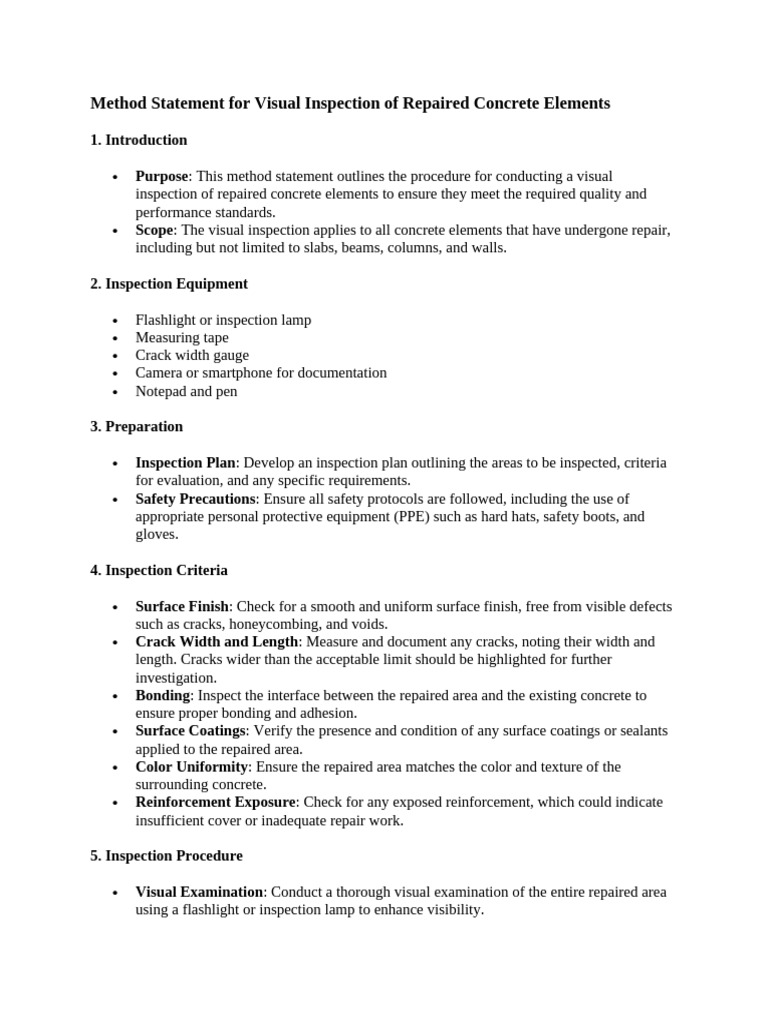 Method Statement For Visual Inspection of Repaired Concrete Elements ...