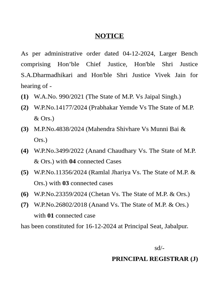 Larger Bench Notice Dated 16.12.2024 Three Judges | PDF