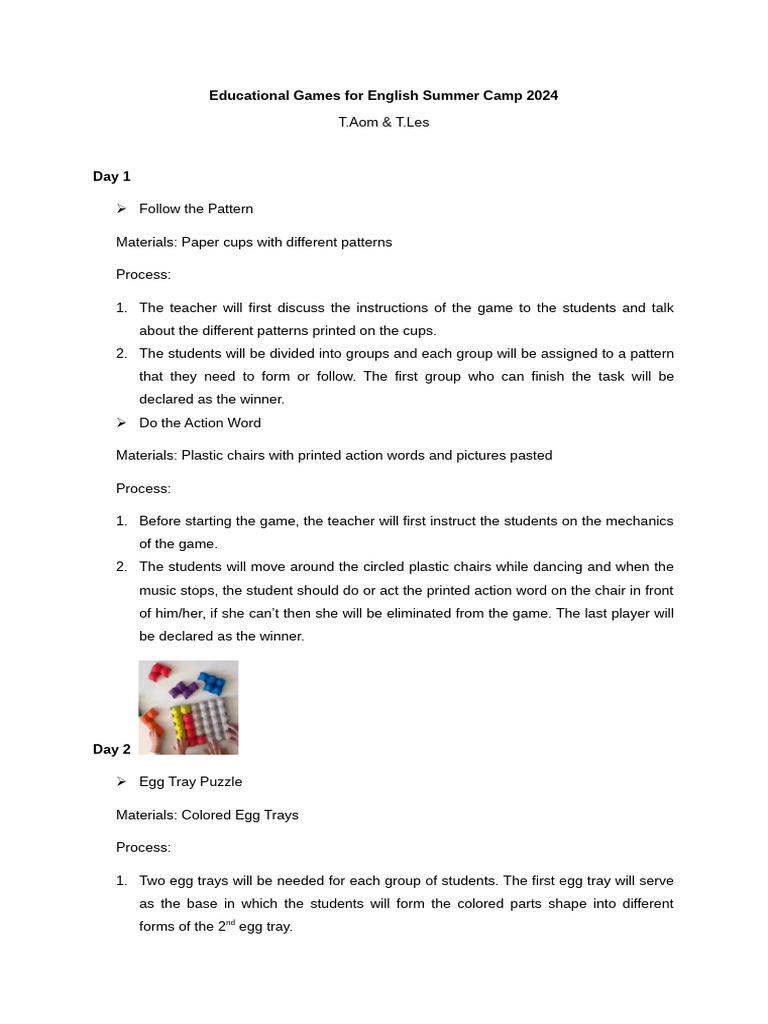 Educational Games For English Summer Camp 2024 | PDF