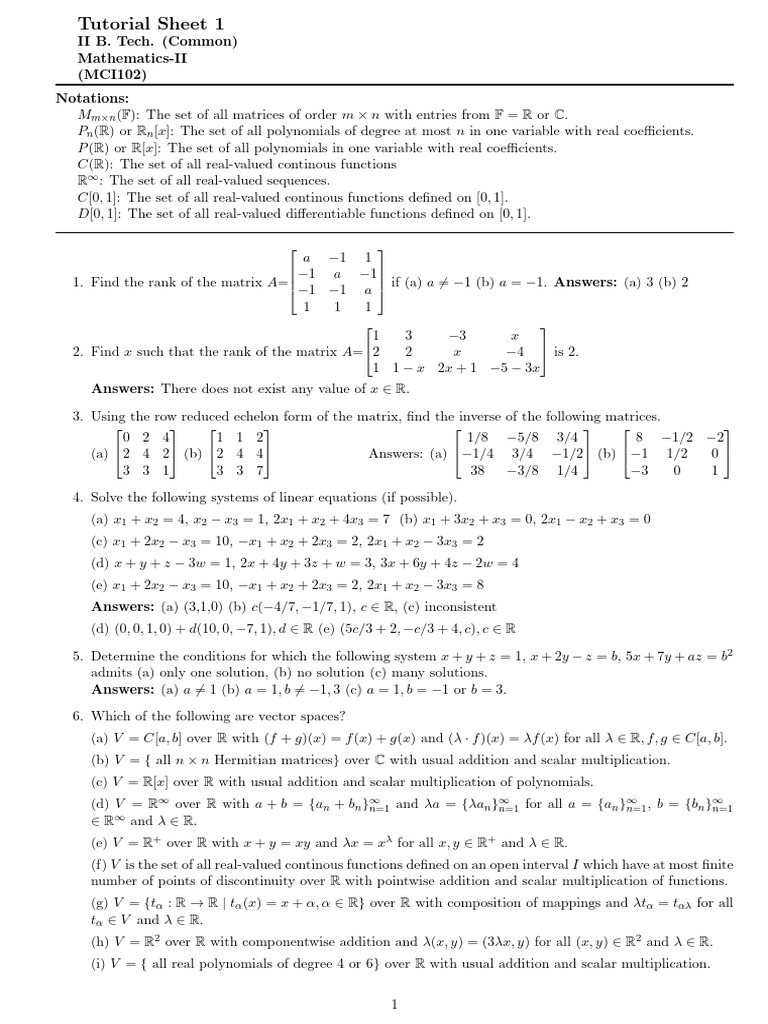 Tutorial Sheet-1 | PDF | Basis (Linear Algebra) | Matrix (Mathematics)