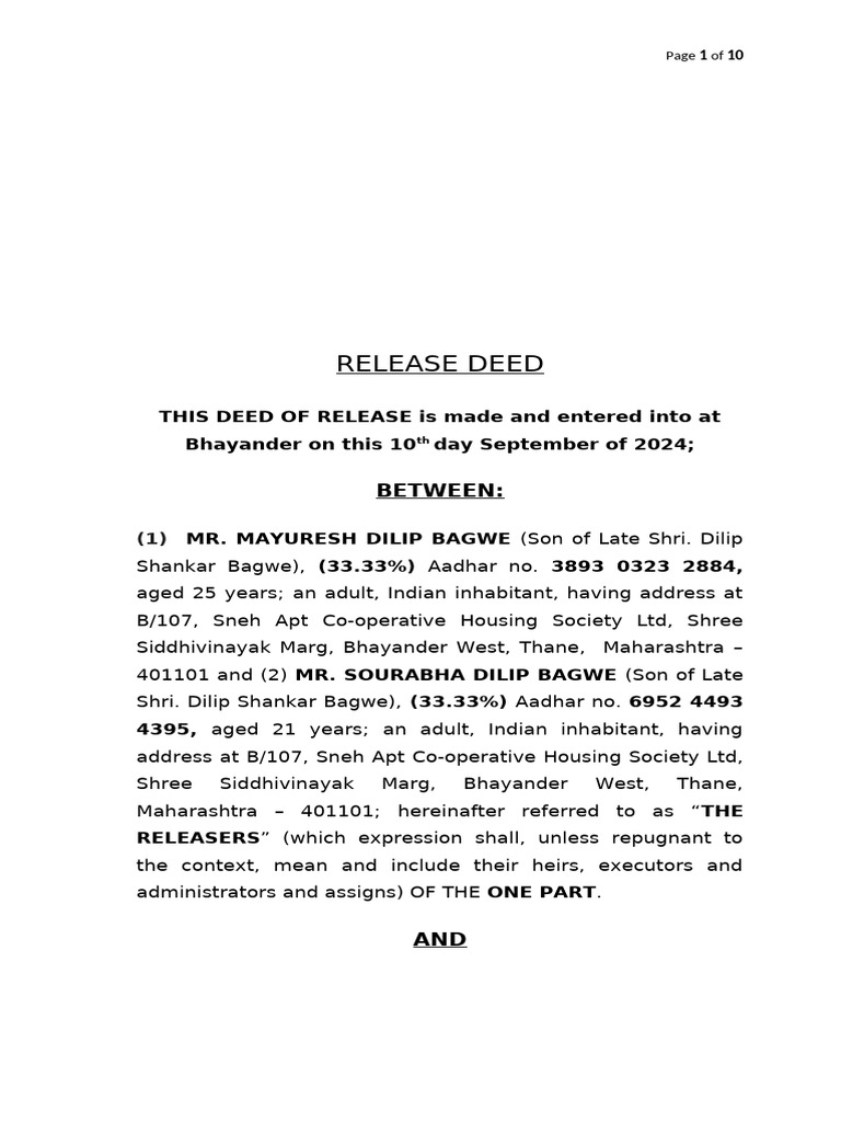 Release Deed for Bhayander Property | PDF | Deed | Mortgage Law