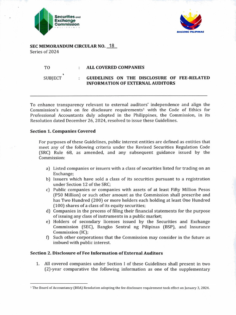 2024MC - SEC MC No. 18, S. of 2024 Guidelines On The Disclosure of Fee ...