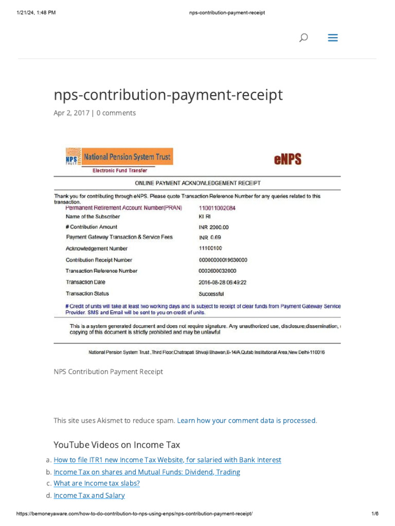 Nps Contribution Payment Receipt | PDF | Income Tax | Taxes