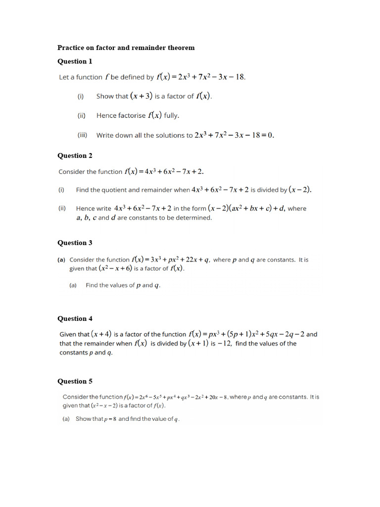 Practice On Factor and Remainder Theorem Questions | PDF