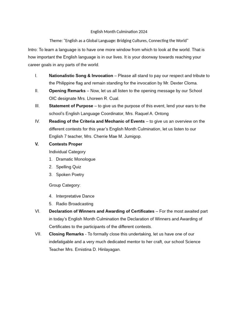 English Month Culmination 2024 Script | PDF