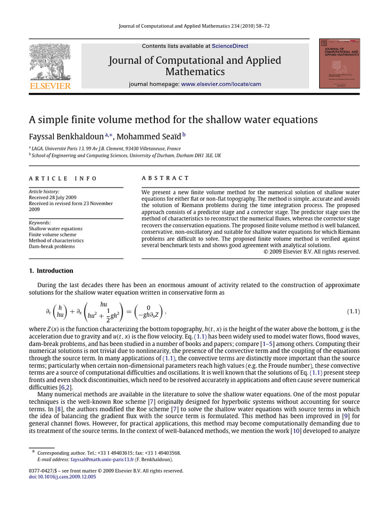 A Simple Finite Volume Method For The Shallow Water Equations | PDF ...