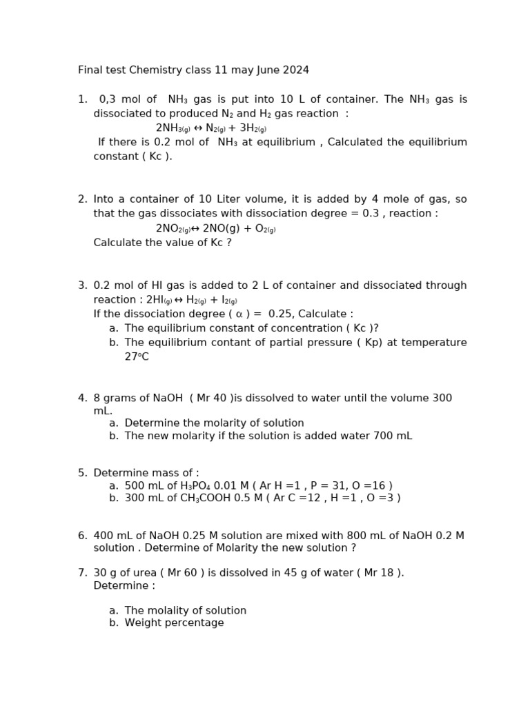 Final Test Chemistry Class 11 May June 2024 | PDF